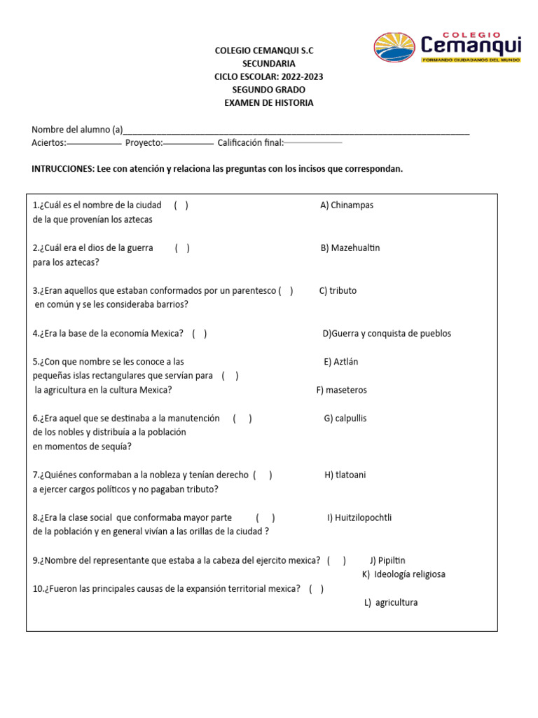 Examen Historia 2do Sec | PDF