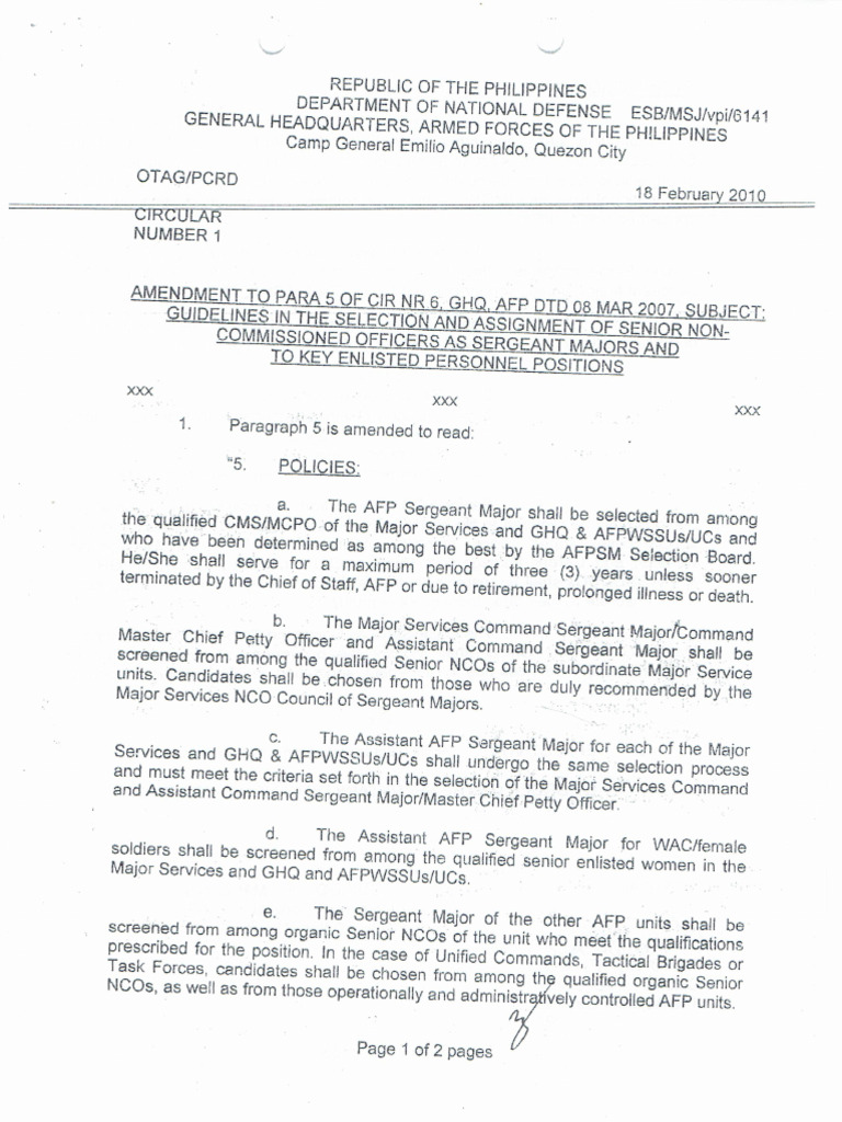 CIR NR 1 GHQ DTD 18 Feb 10 Amendment To para 5 of CIR 6, GHQ AFP DTD 08 ...