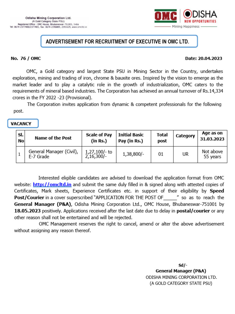OMC Executive Recruitment 2023 | PDF