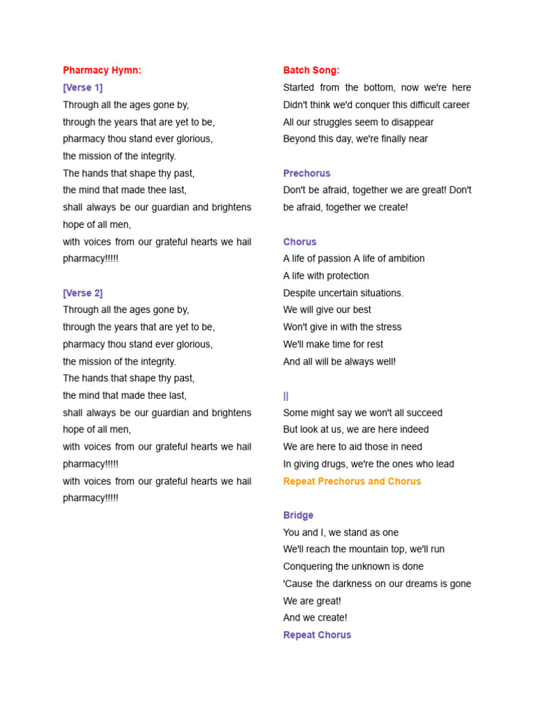 Pharmacy Hymn - Batch Song Lyrics | PDF
