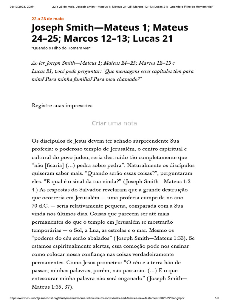22 A 28 de Maio. Joseph Smith-Mateus 1 Mateus 24-25 Marcos 12-13 Lucas ...