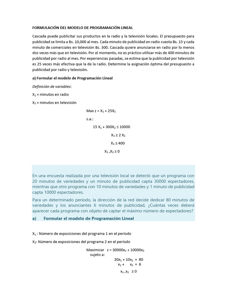 Formulación Del Modelo de Programación Lineal | PDF