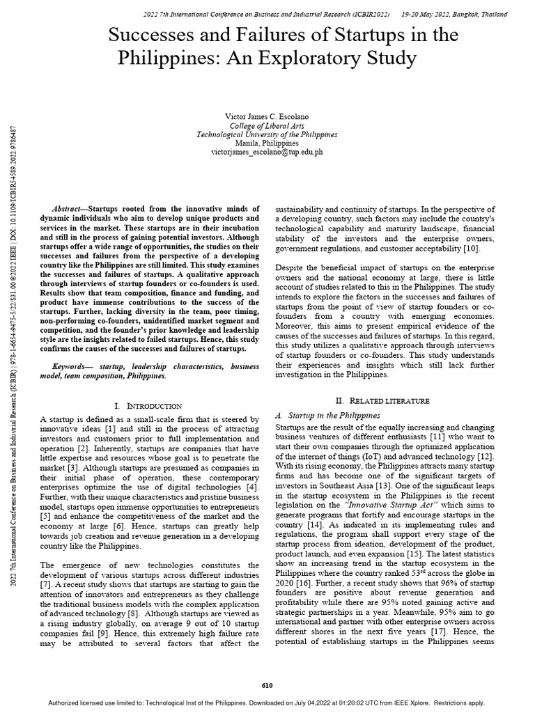 Successes and Failures of Startups in The Philippines An Exploratory ...