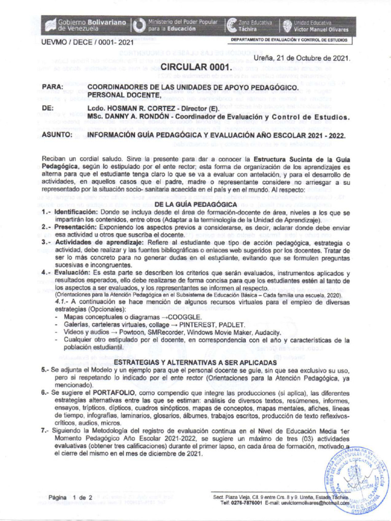 Circular 0001 - Guía Pedagógica | PDF