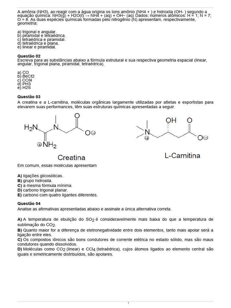 Prova de Quimica 1 Ano | PDF