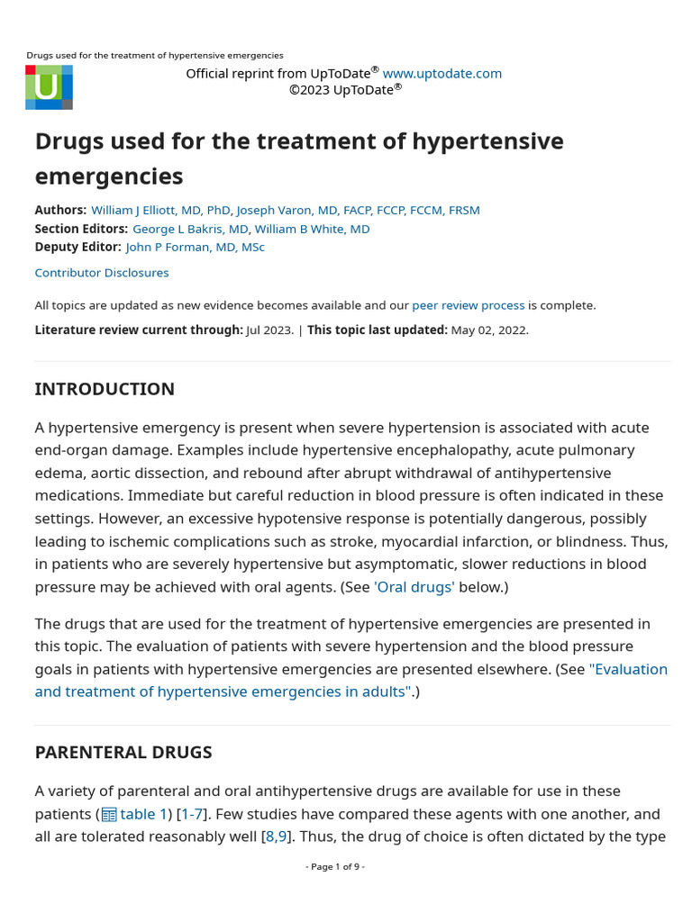 Drugs Used for the Treatment of Hypertensive Emergencies | PDF