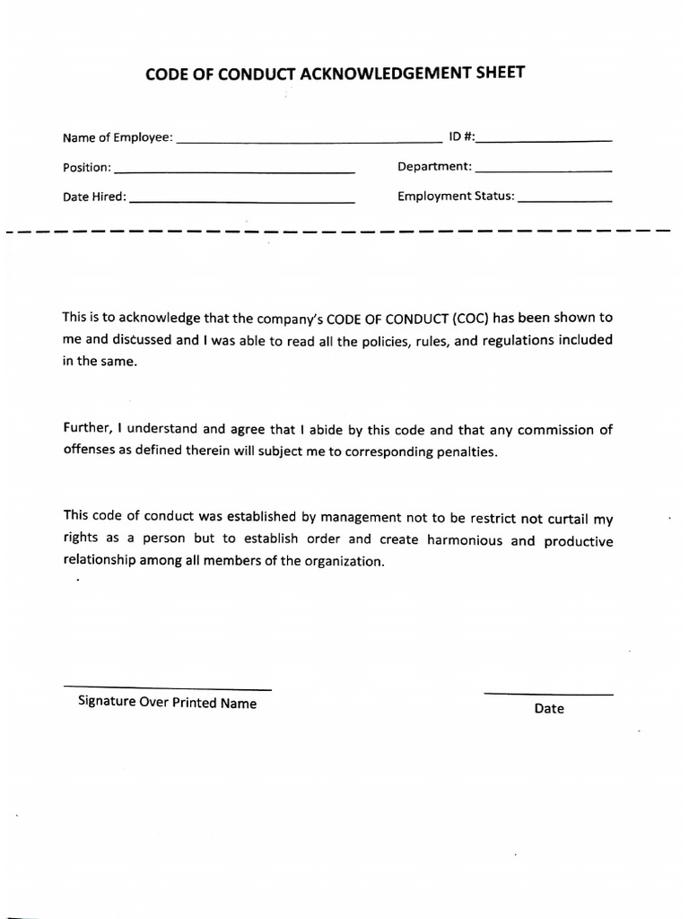 Code of Conduct Acknowledgement Sheet | PDF