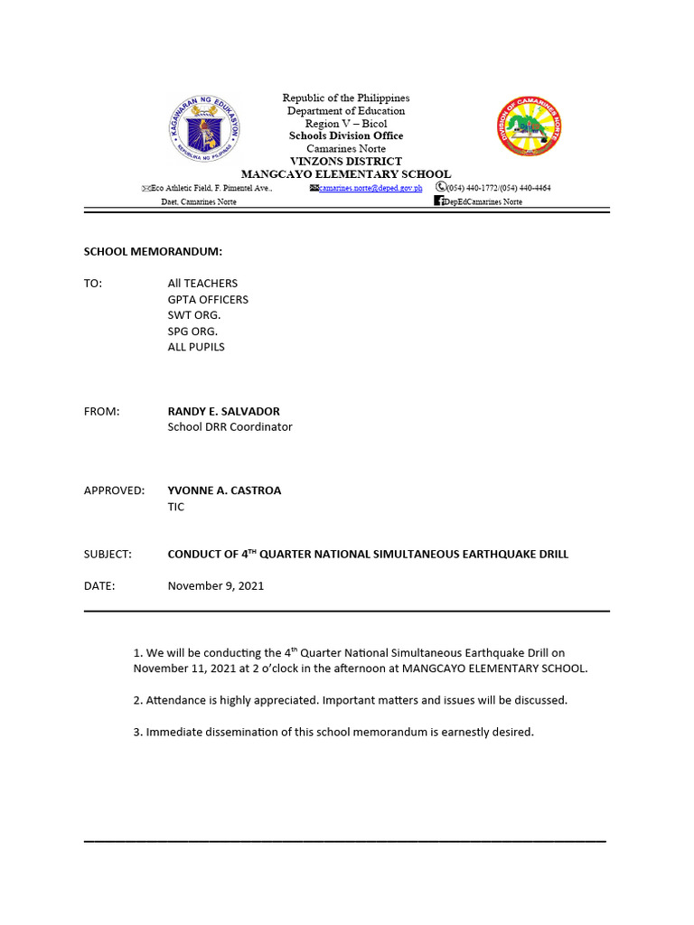 School Memo for Drr Drill | PDF