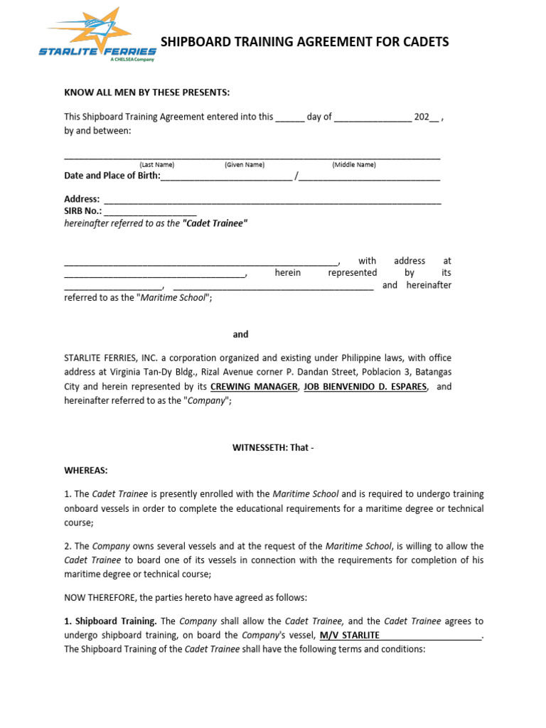 Cadetship Training Agreement (For Direct Onboard) | PDF
