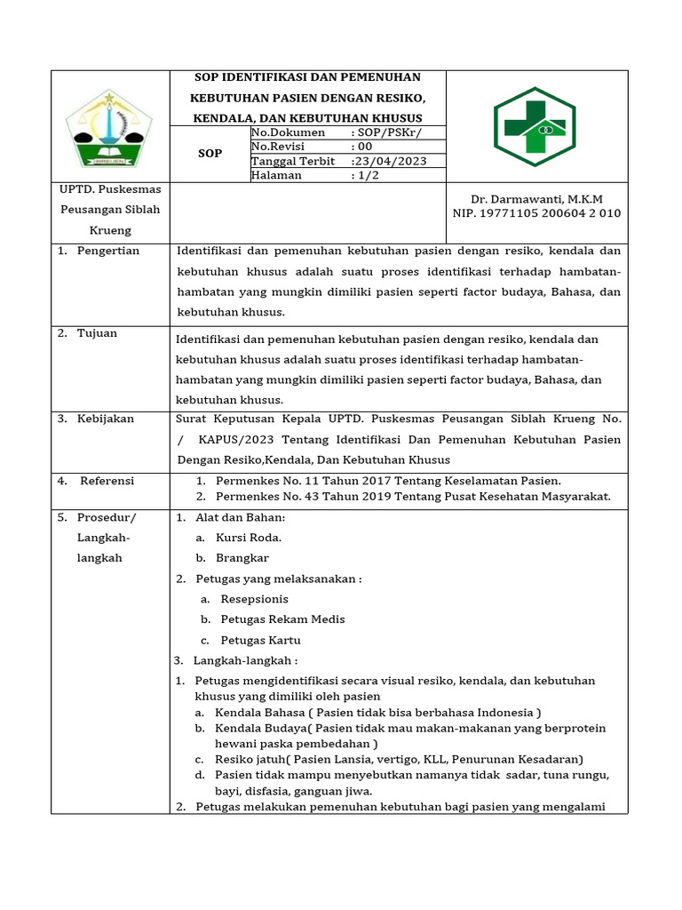Sop Terbaru Identifikasi Pasien Berkebutuhan Khusus | PDF