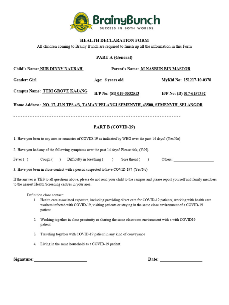 Brainy Bunch - Health Declaration Form | PDF