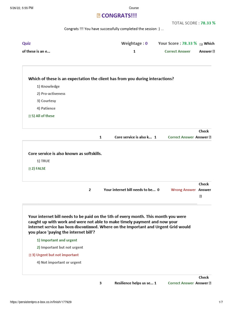 Course Completion Quiz Results | PDF