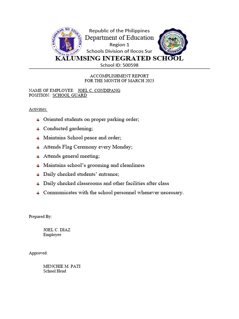 March 2023 Accomplishment Report: School Guard | PDF
