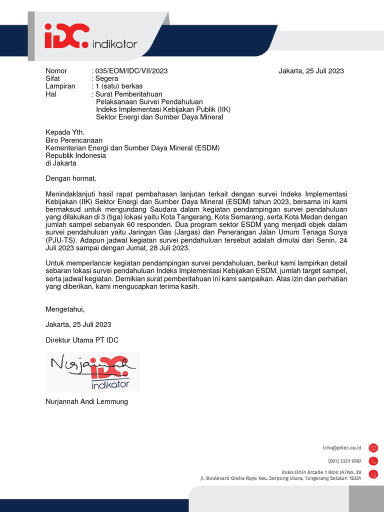 Surat Pemberitahuan dan Undangan Survei Pendahuluan ESDM 2023 | PDF
