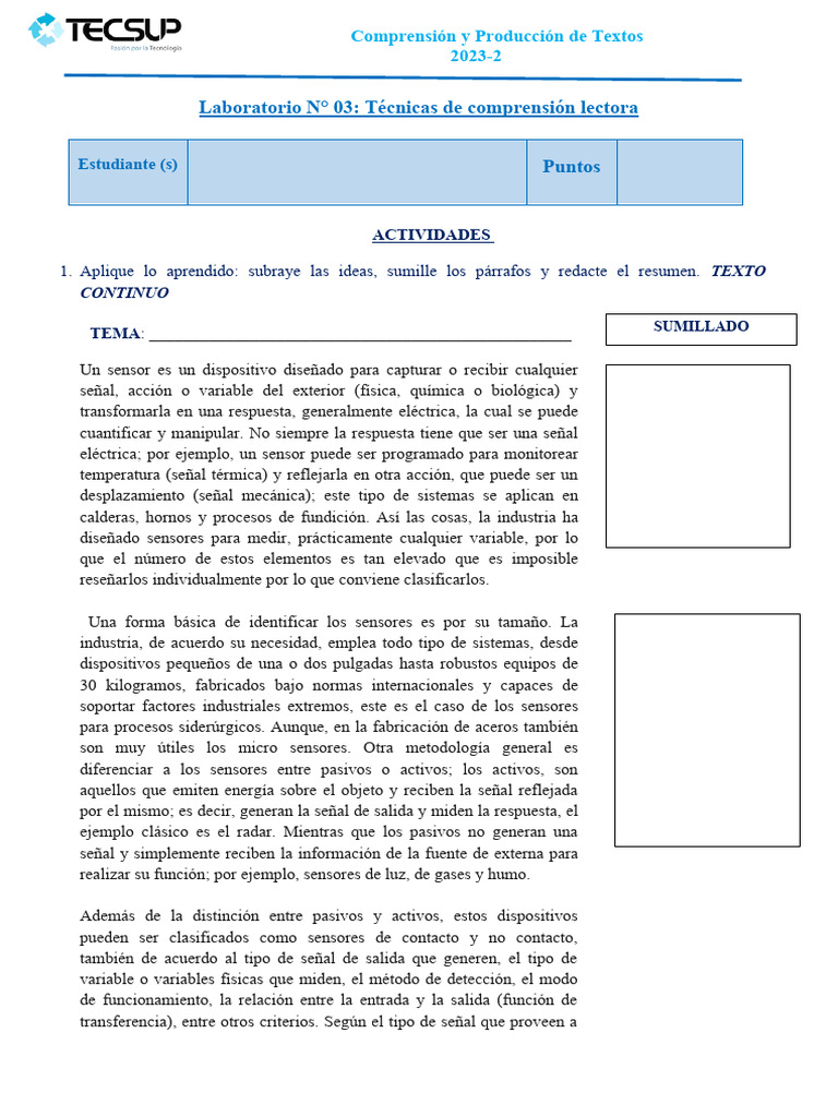 Laboratorio #03: Técnicas de Comprensión Lectora Puntos: Estudiante (S ...