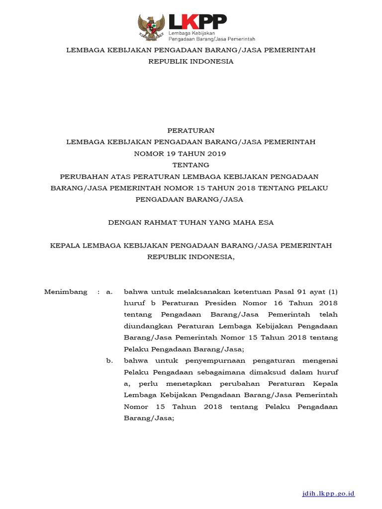 Peraturan LKPP 19 Tahun 2019 - Pelaku Pengadaan Barjas | PDF