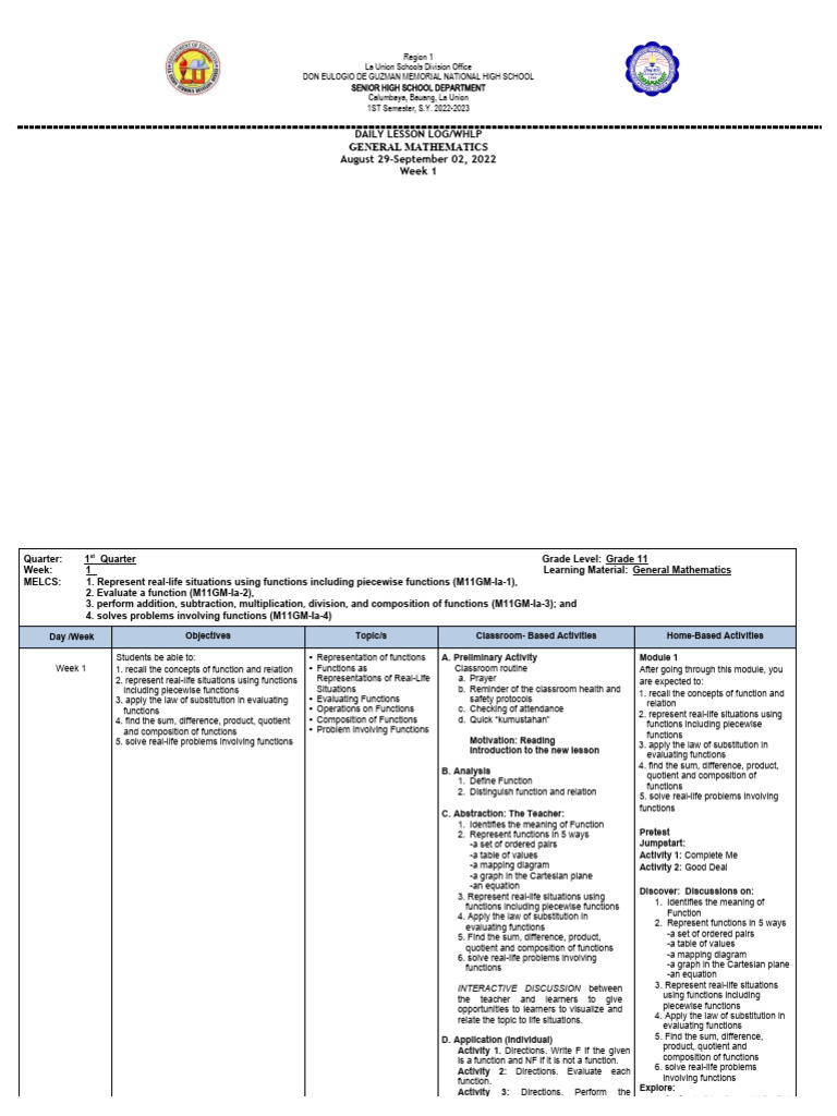DLL - GenMath Q1 Wk1 2022 | PDF