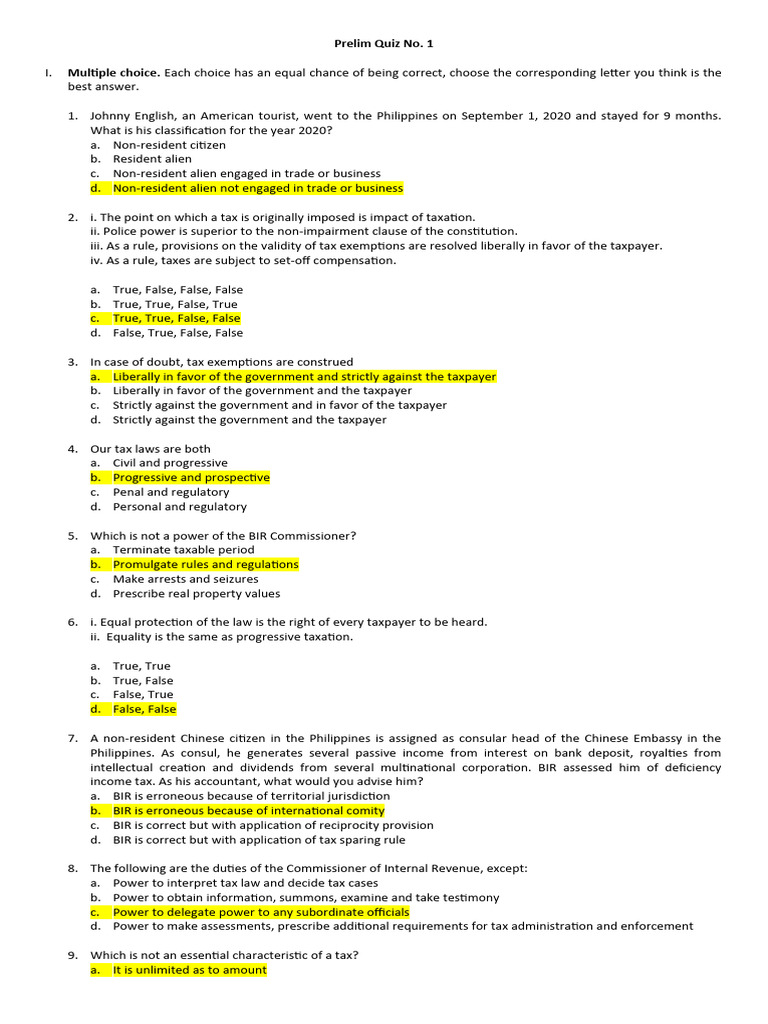 Tax Classification and Exemptions Quiz | PDF | Taxes | Taxation In The ...