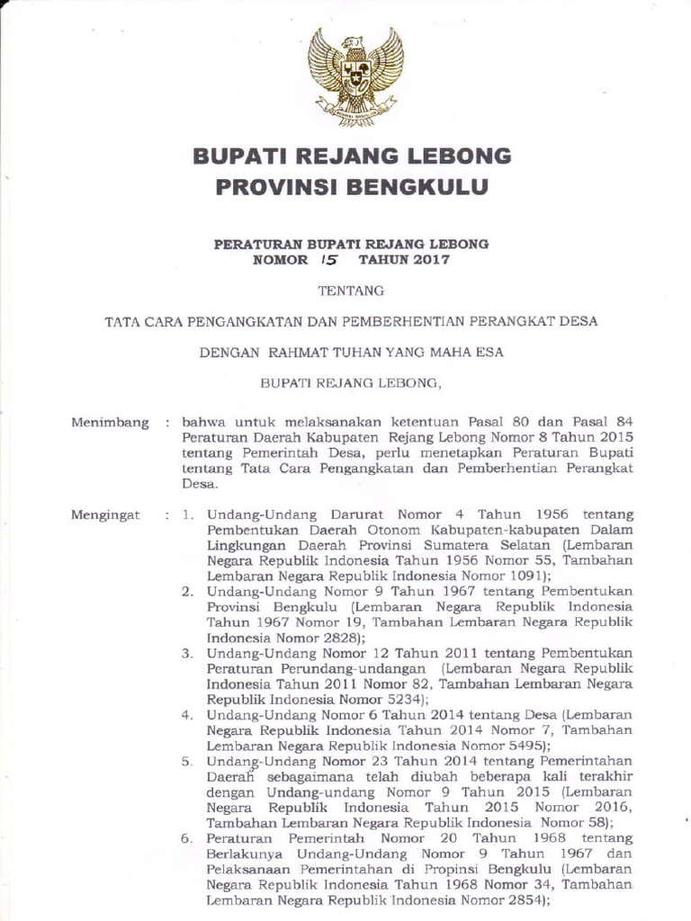 Perbub 15 Tahun 2017 Tata Cara Pengangkatan Dan Pemberhentian Perangkat ...