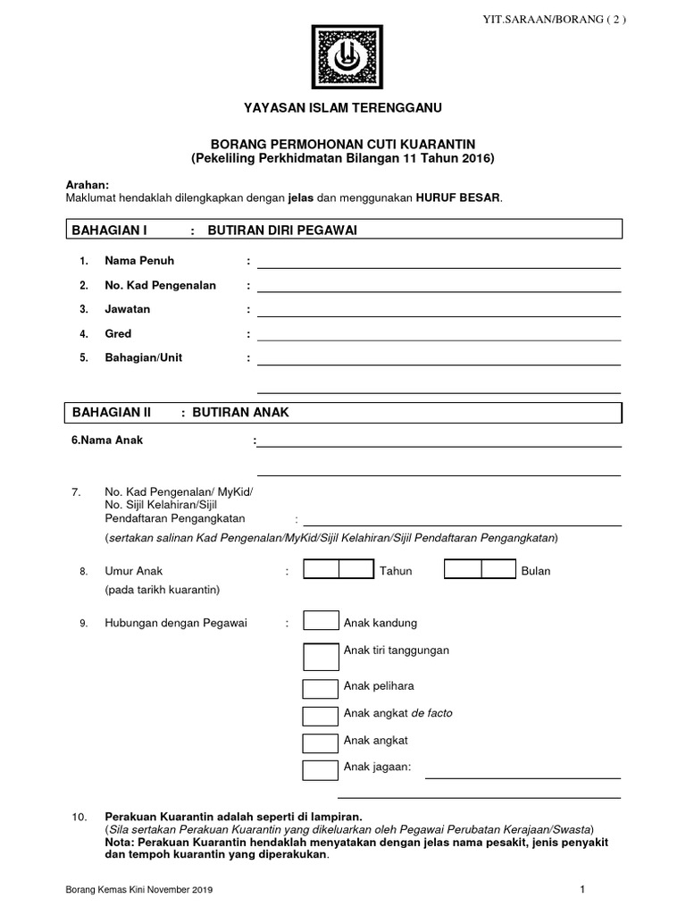 Borang Permohonan Cuti Kuarantin | PDF