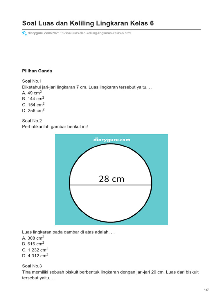 Soal Luas Dan Keliling Lingkaran Kelas 6 | PDF