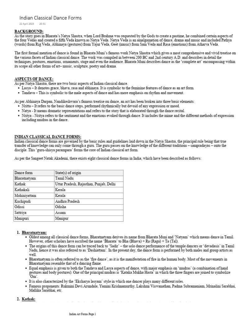 Indian Classical Dance Notes | PDF