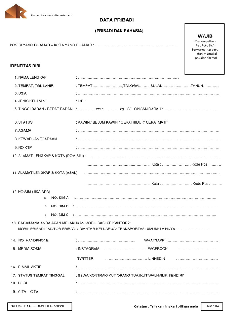 Form Data Pelamar MKM Rev 01 | PDF