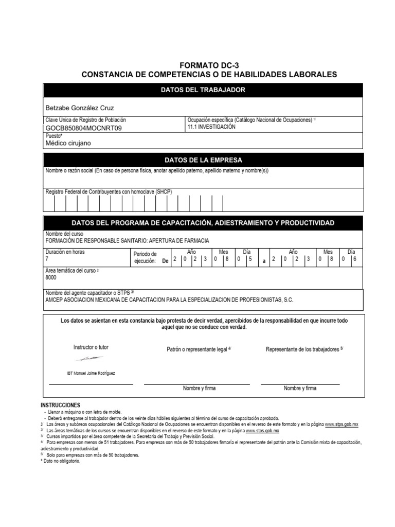 Formato Dc-3 Constancia de Competencias O de Habilidades Laborales | PDF