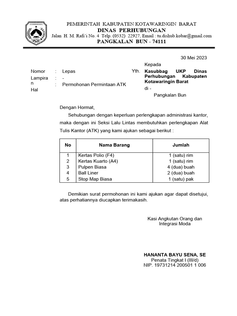 Permohonan ATK Dinas Perhubungan | PDF