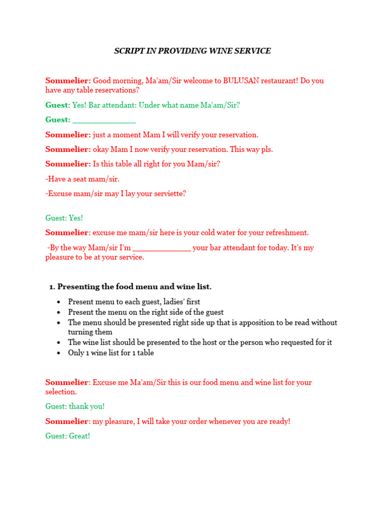 Propiving Wine Service Script | PDF