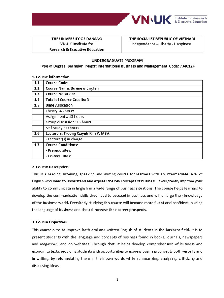 BEB13135 - Business English - Syllabus - Term3 - 2021-2022 | PDF