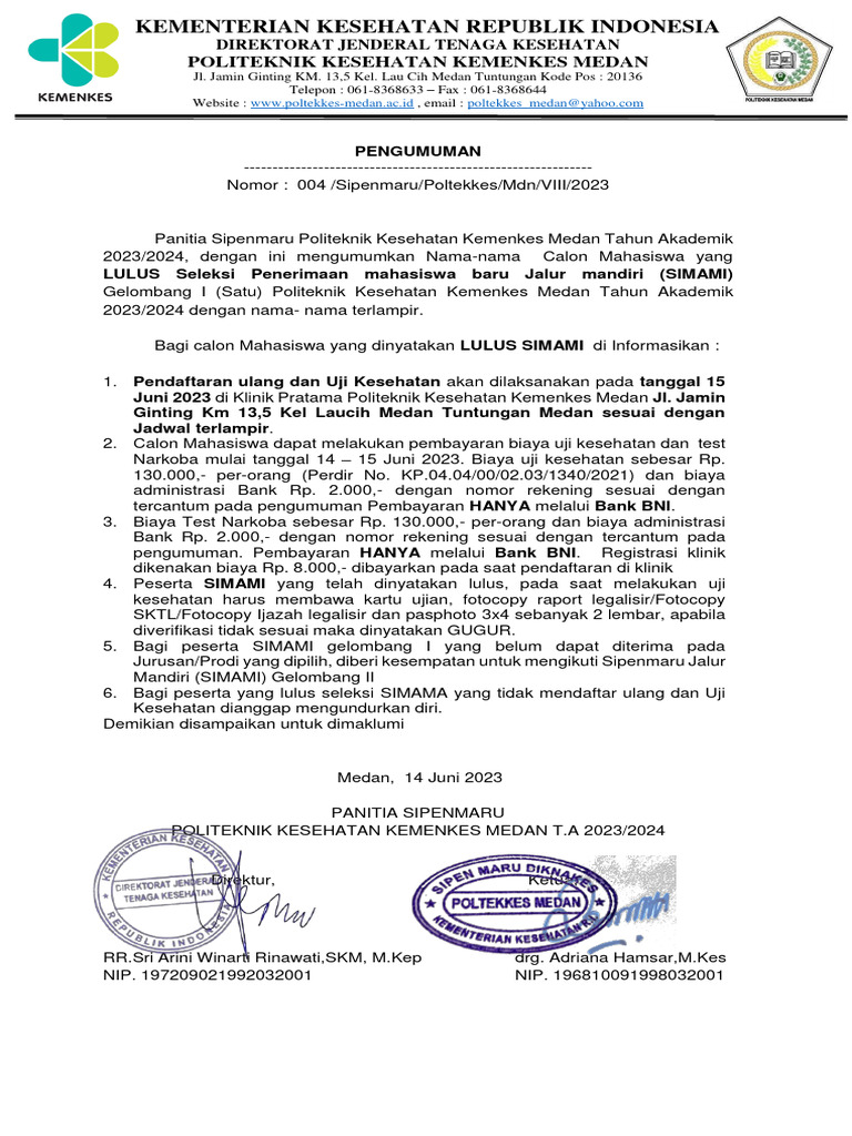 Pengumuman SIMAMI Poltekkes | PDF