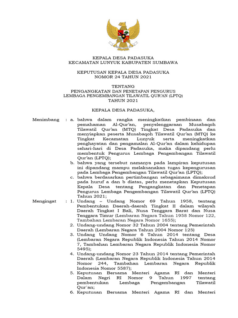 SK Pengangkatan Pengurus LPTQ | PDF