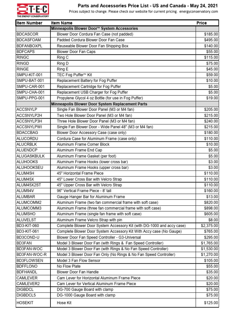 TEC - Parts and Accessories Price List - May 24 2021 | PDF
