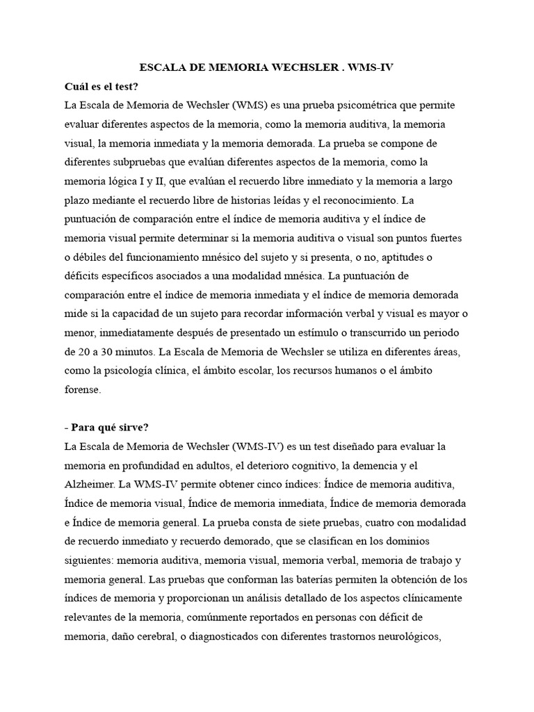 ESCALA DE MEMORIA WESCHSLER cuarta edición. WMS-IV. WMS-IV | PDF