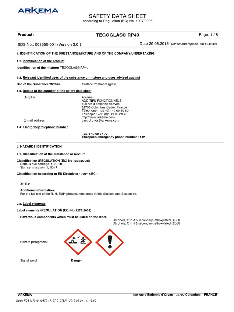 Tegoglas RP40 MSDS | PDF