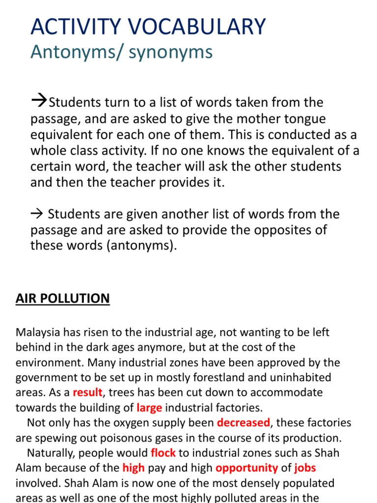 Antonyms/ Synonyms: Activity Vocabulary | PDF | Career & Growth ...