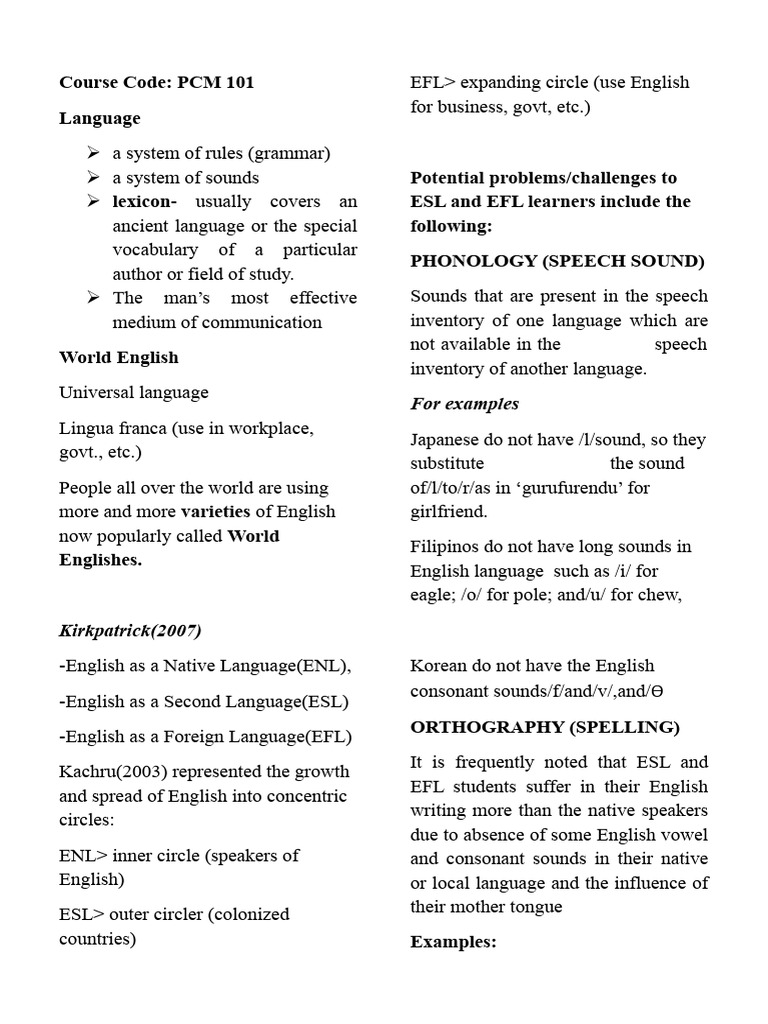 Course Code: PCM 101 Language Potential Problems/challenges To ESL and ...
