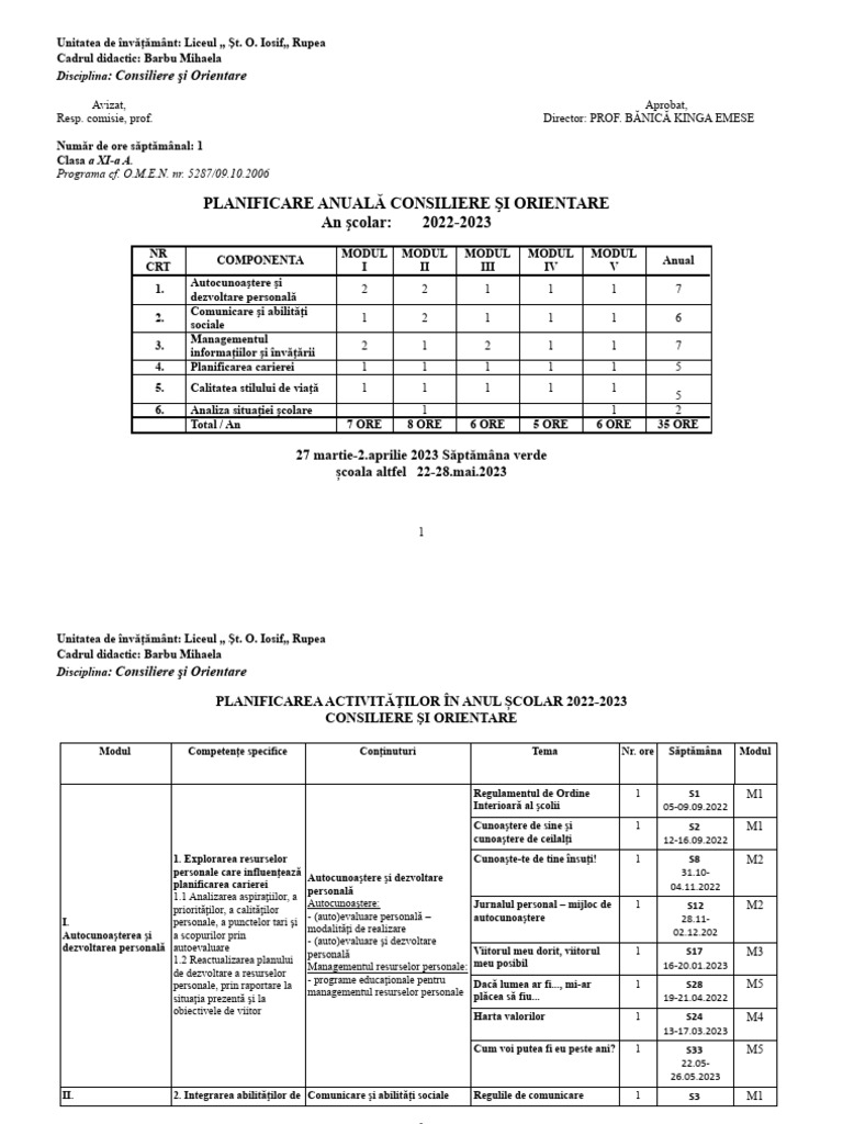 Planificare Dirigentie CL 11 | PDF