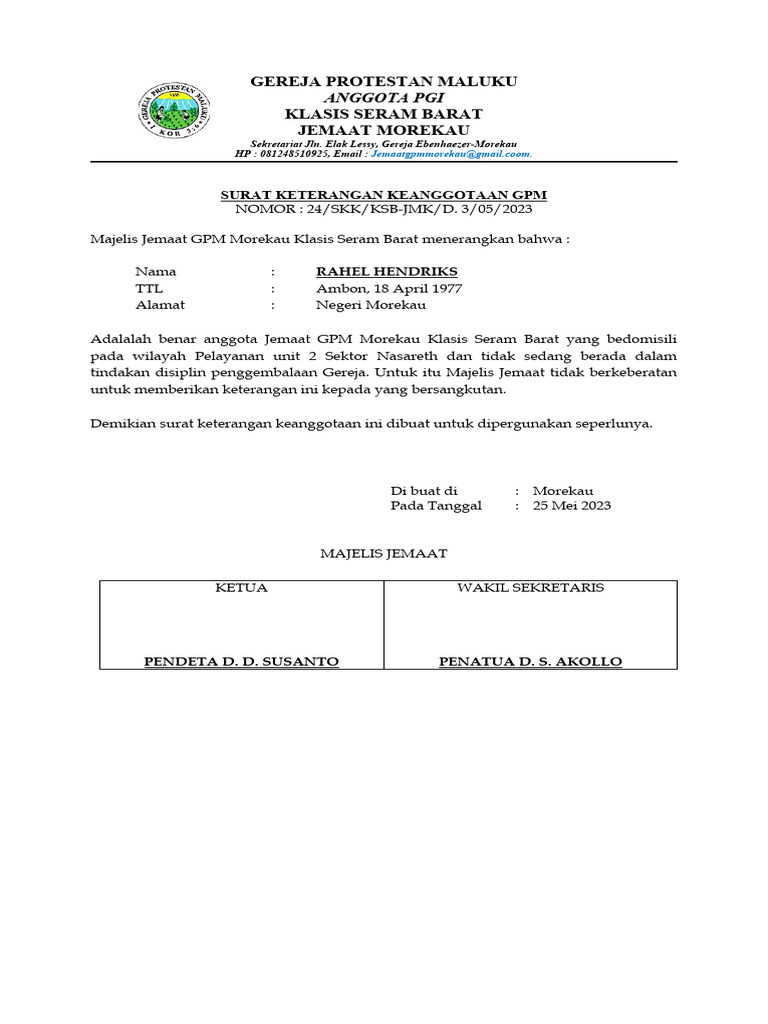 Surat Keterangan Jemaat GPM Morekau | PDF