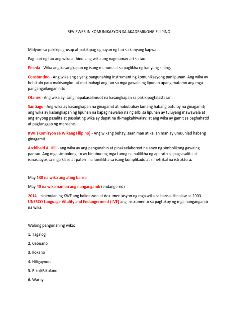 Reviewer in Komunikasyon Sa Akademikong Filipino | PDF