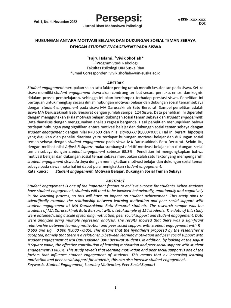 Hubungan Antara Motivasi Belajar Dan Dukungan Sosial Teman Sebaya Dengan Student Engagement Pada ...