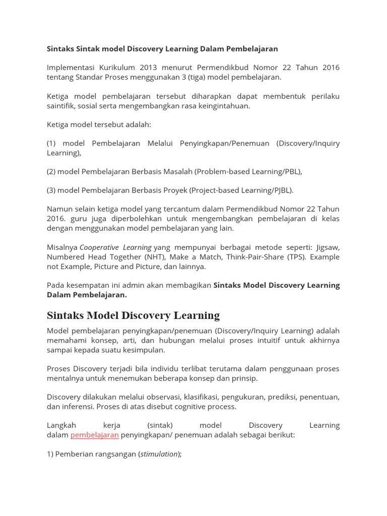 Sintaks Sintak Model Discovery Learning Dalam Pembelajaran | PDF