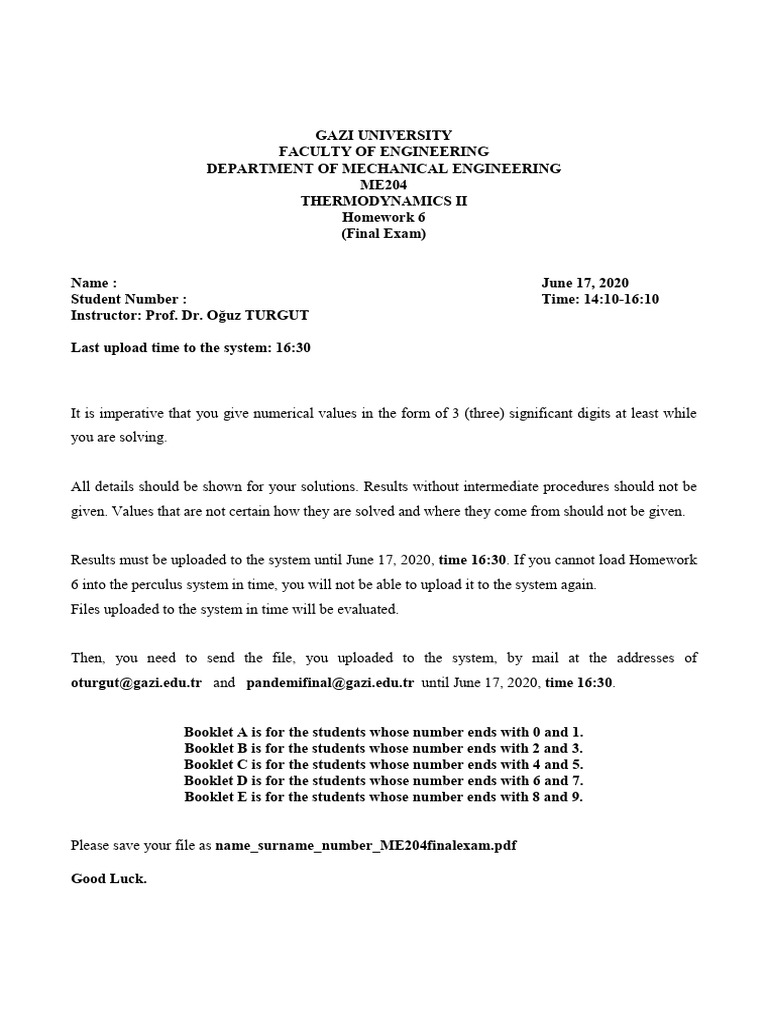Homework VI Me204 Final Exam 2020 | PDF | Temperature | Gases