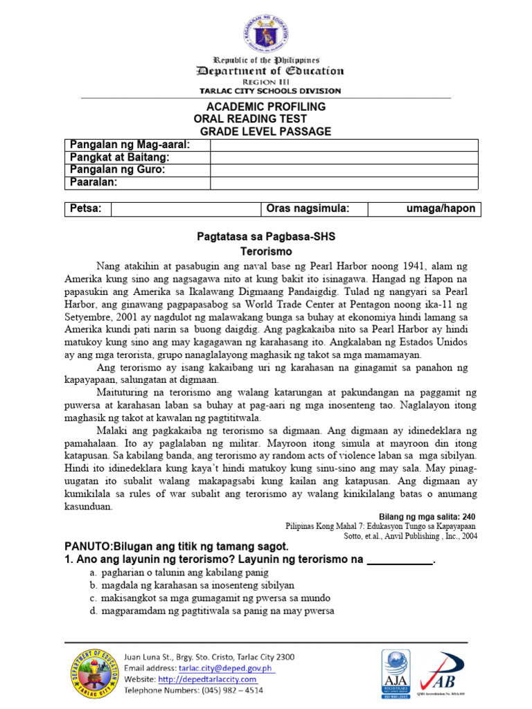 SHS Reading Profile | PDF