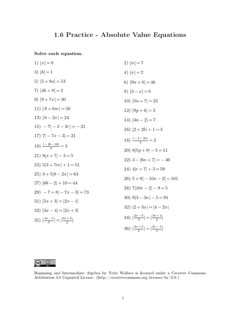 1.6 Practice - Absolute Value Equations: Solve Each Equation | PDF