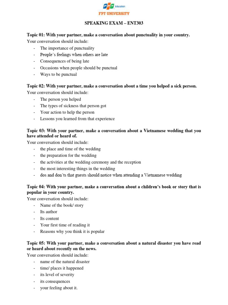 ENT303 - SU23 - H2 - FE - Speaking Topics - SV | PDF