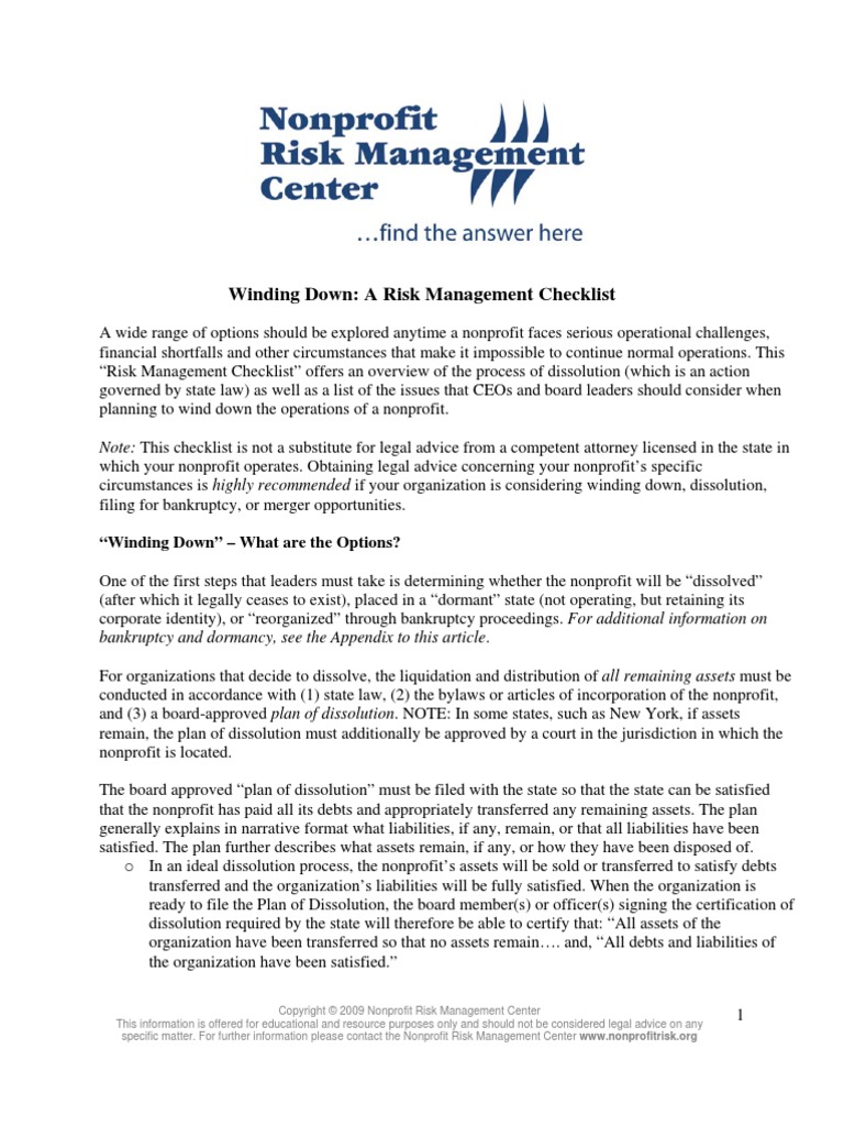 Winding Down - A Risk Management Checklist by Nonprofit Risk Management ...