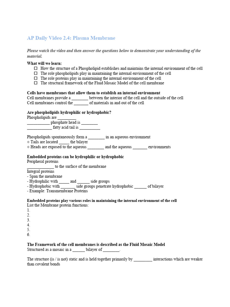 Guided Notes 2.4 and 2.5 | PDF | Cell Membrane | Lipid Bilayer