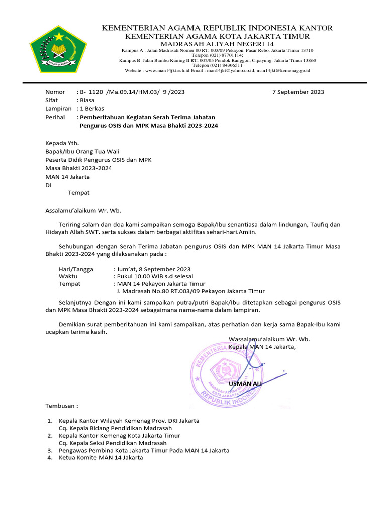 Contoh Edaran Sertijab Osis Dan MPK | PDF